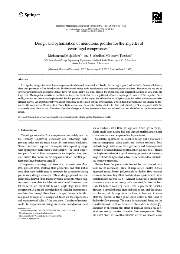 (PDF) Design and optimization of meridional profiles for the impeller of centrifugal compressors