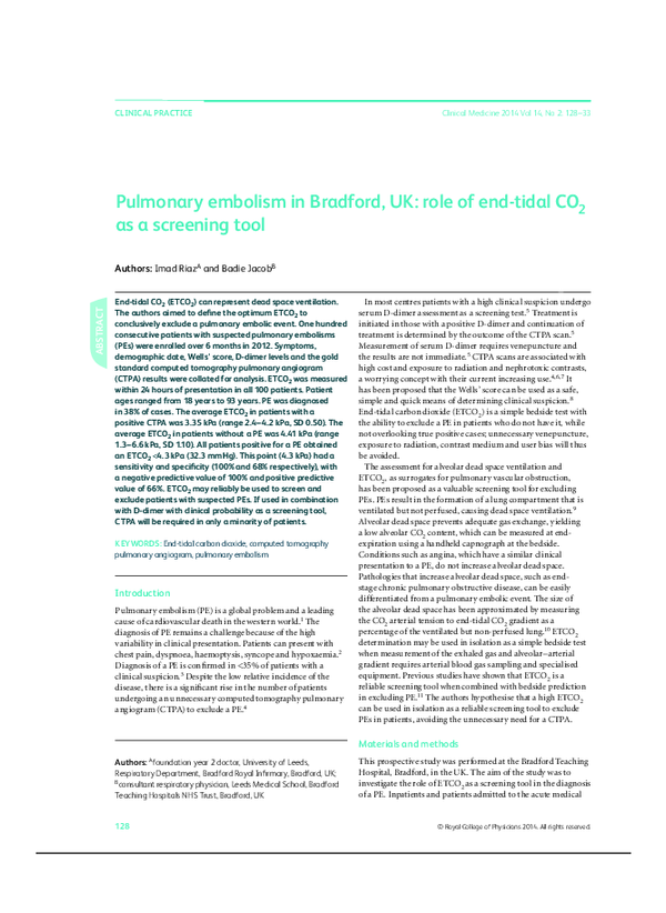(PDF) Pulmonary embolism in Bradford, UK: role of end-tidal CO2 as a ...