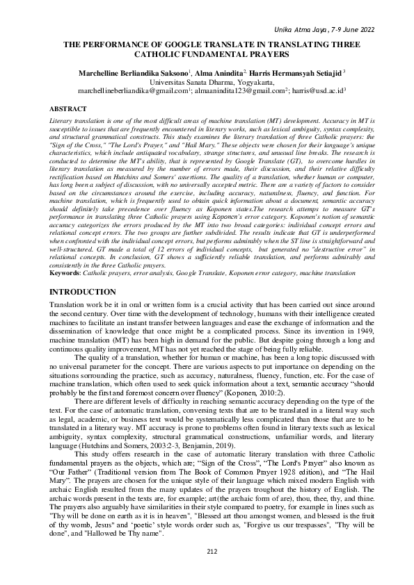 (PDF) The Performance of Google Translate in Translating Three Catholic ...