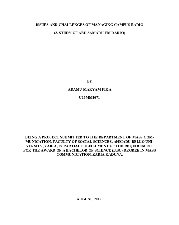 (DOC) ISSUES AND CHALLENGES OF MANAGING CAMPUS RADIO (A STUDY OF ABU ...
