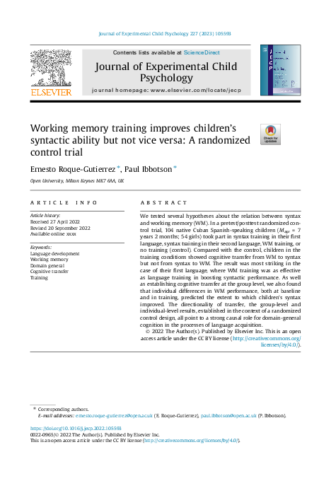 (PDF) Working memory training improves children's syntactic ability but not vice versa: A ...