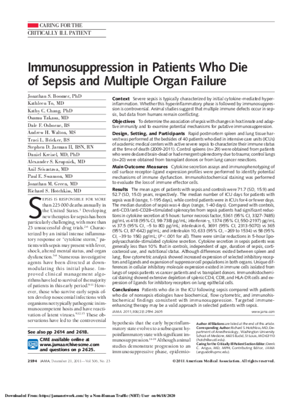 Pdf Immunosuppression In Patients Who Die Of Sepsis And Multiple