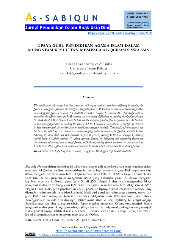 (PDF) Upaya Guru Pendidikan Agama Islam dalam Mengatasi Kesulitan Membaca Al-Qur’an Siswa SMA