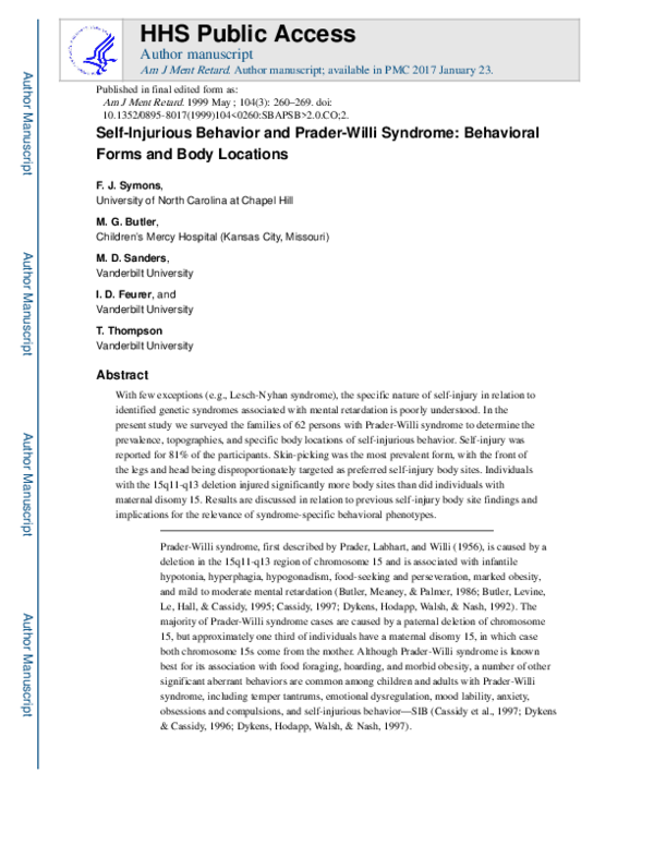 (PDF) Self-Injurious Behavior and Prader-Willi Syndrome: Behavioral ...