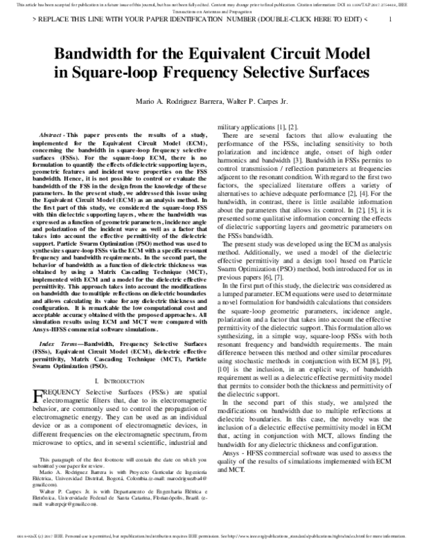 Pdf Bandwidth For The Equivalent Circuit Model In Square Loop Frequency Selective Surfaces