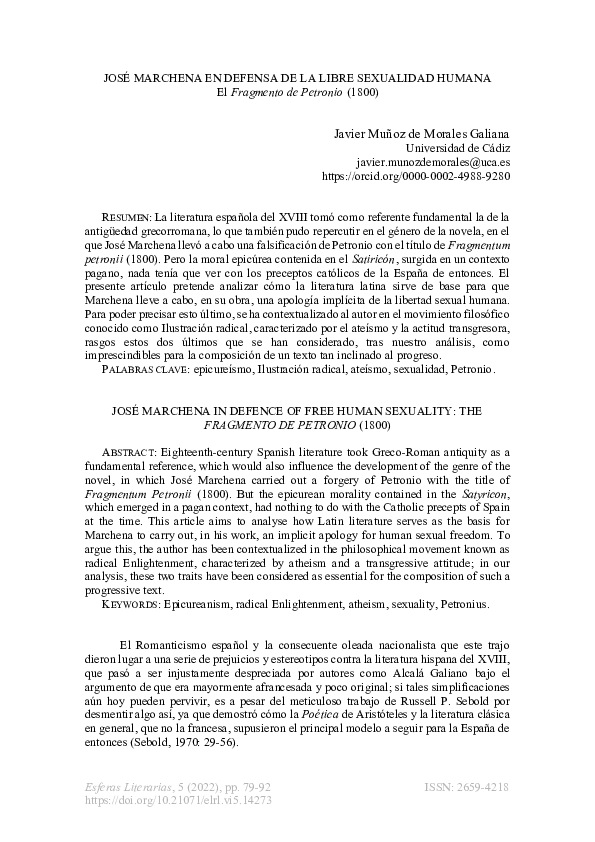 (PDF) José Marchena en defensa de la libre sexualidad humana: El Fragmento de Petronio (1800)