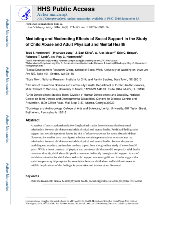 (PDF) Mediating and Moderating Effects of Social Support in the Study of Child Abuse and Adult ...
