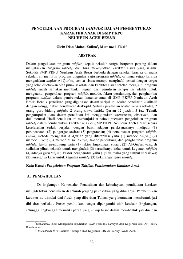 (PDF) Pengelolaan Program Tahfidz Dalam Pembentukan Karakter Anak DI SMP Pkpu Neuheun Aceh Besar