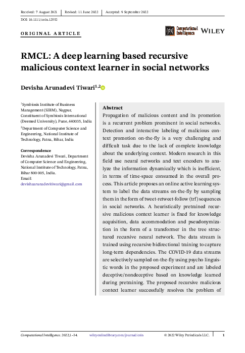 (PDF) RMCL: A deep learning based recursive malicious context learner in social networks