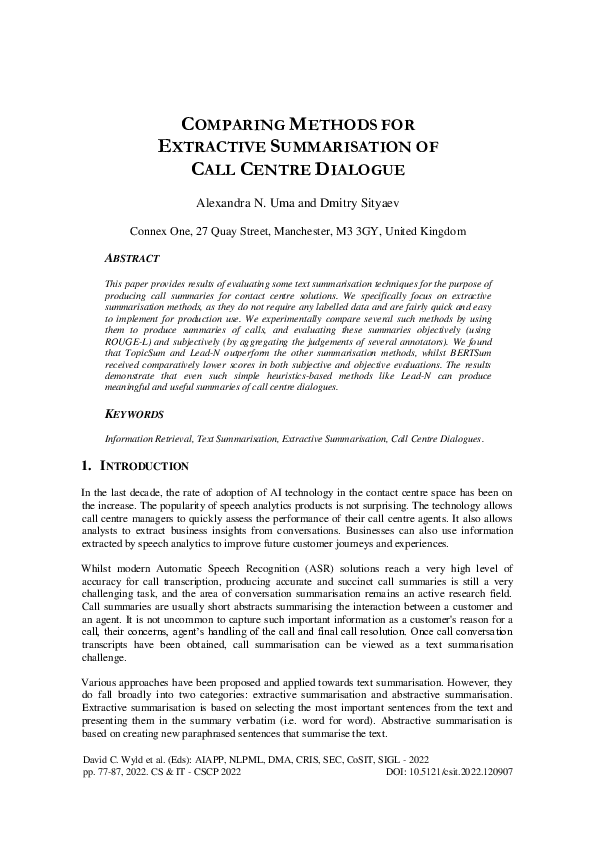 (PDF) Comparing Methods for Extractive Summarization of Call Centre ...
