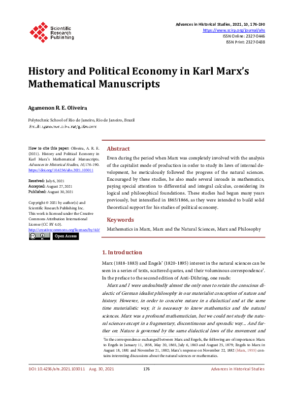 (PDF) History and Political Economy in Karl Marx’s Mathematical Manuscripts