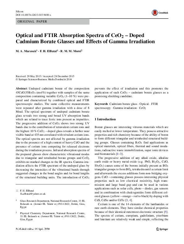 (PDF) Optical and FTIR Absorption Spectra of CeO2 – Doped Cadmium ...