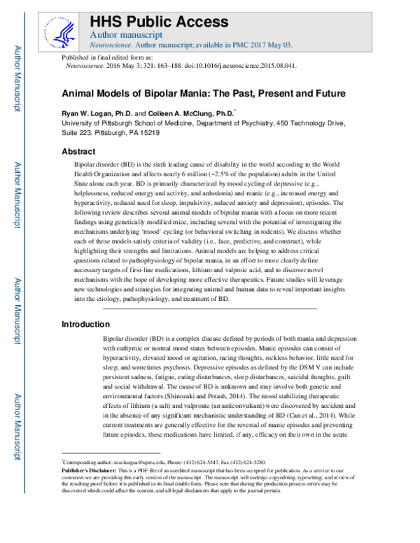 (PDF) Animal models of bipolar mania: The past, present and future