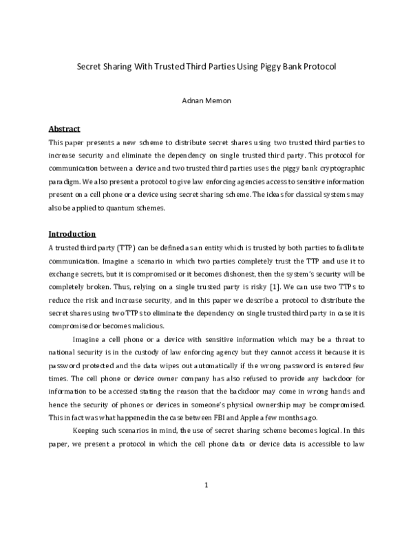 (PDF) Secret Sharing With Trusted Third Parties Using Piggy Bank Protocol