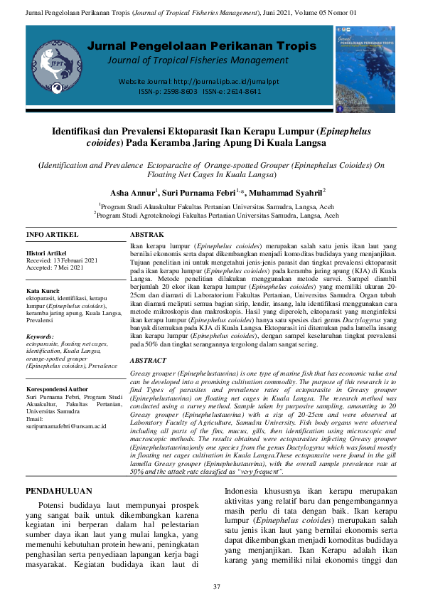(PDF) Identifikasi Dan Prevalensi Ektoparasit Ikan Kerapu Lumpur ...