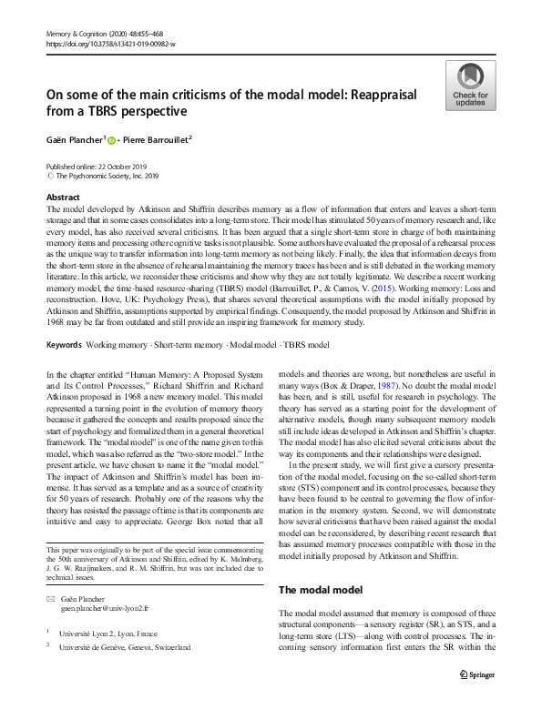 (PDF) On some of the main criticisms of the modal model: Reappraisal from a TBRS perspective