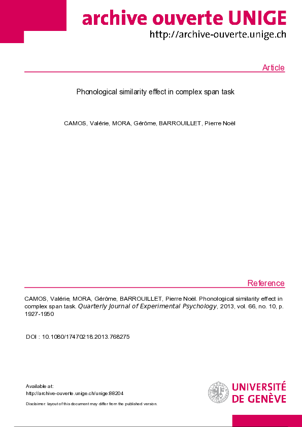(PDF) Phonological Similarity Effect in Complex Span Task | Pierre ...