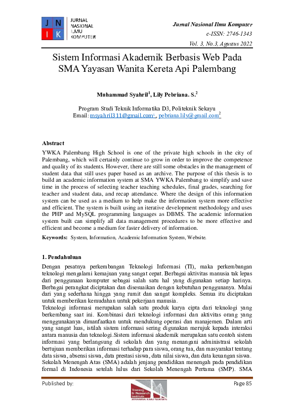 (PDF) Sistem Informasi Akademik Berbasis Web Pada SMA Yayasan Wanita Kereta Api Palembang