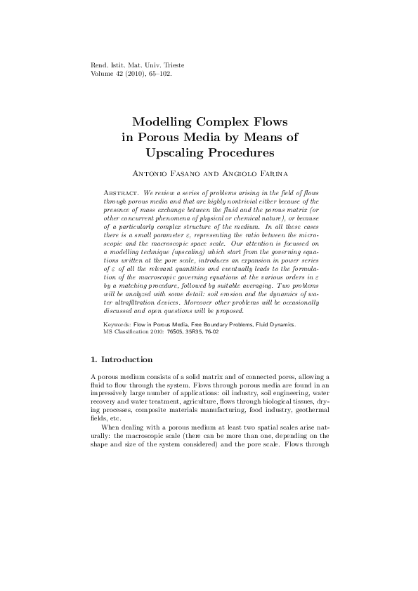 (PDF) Modelling Complex Flows in Porous Media by Means of Upscaling Procedures
