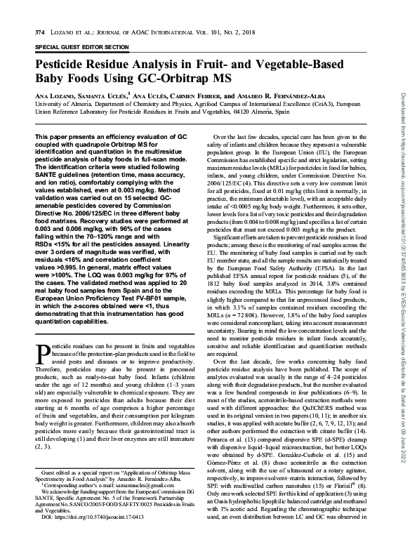 (PDF) Pesticide Residue Analysis in Fruit- and Vegetable-Based Baby Foods Using GC-Orbitrap MS
