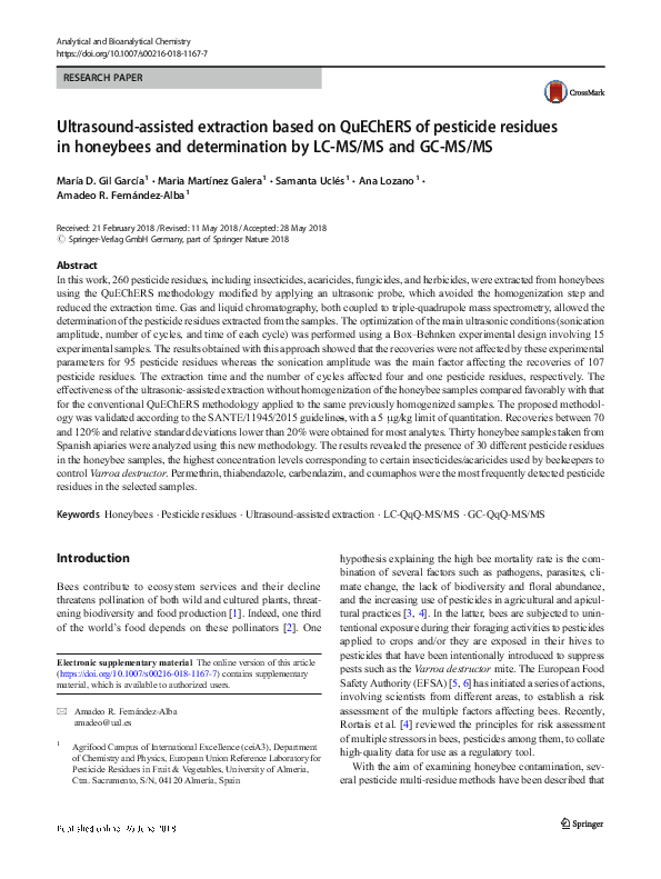(PDF) Ultrasound-assisted extraction based on QuEChERS of pesticide residues in honeybees and ...