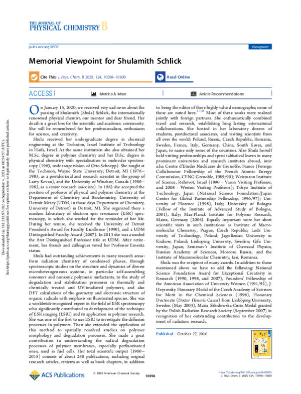(PDF) Memorial Viewpoint for Shulamith Schlick