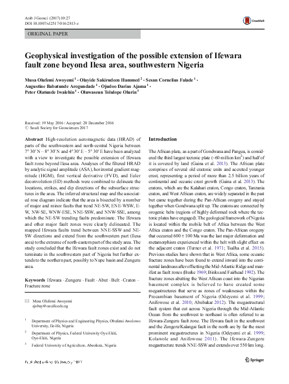 (PDF) Geophysical investigation of the possible extension of Ifewara ...