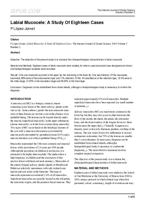 (PDF) Labial Mucocele: A Study Of Eighteen Cases