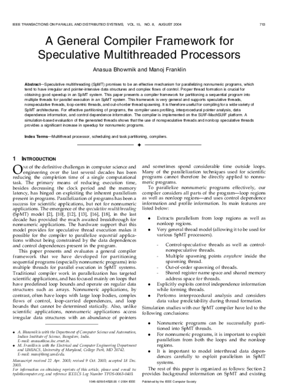 (PDF) A general compiler framework for speculative multithreaded processors