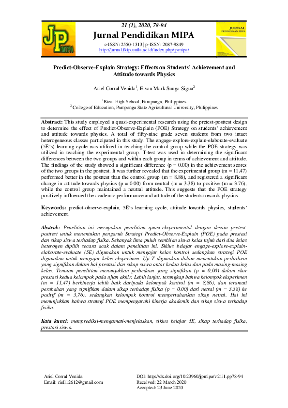 (PDF) Predict-Observe-Explain Strategy: Effects on Students ...