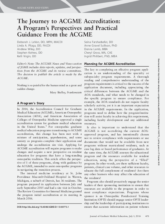 (PDF) The Journey to ACGME Accreditation: A Program's Perspectives and ...