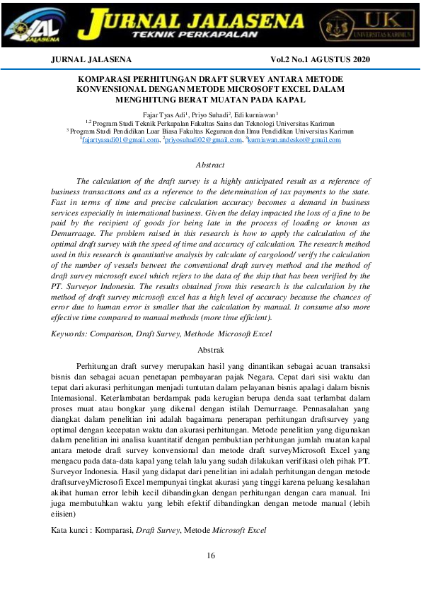 (PDF) Komparasi Perh Itungan Draft Survey Antara Metode Konvensional Dengan Metode Microsoft ...