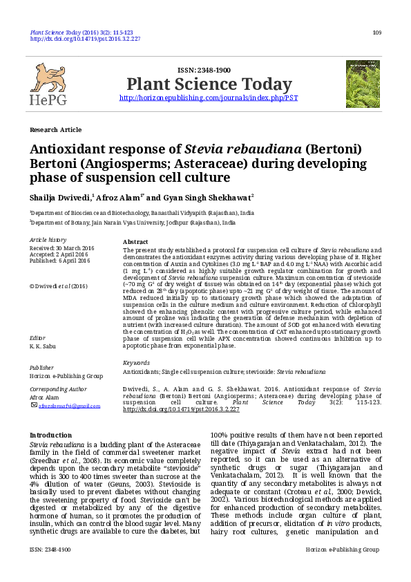 (PDF) Antioxidant Enzyme Activity in Stevia rebaudiana Cell Culture