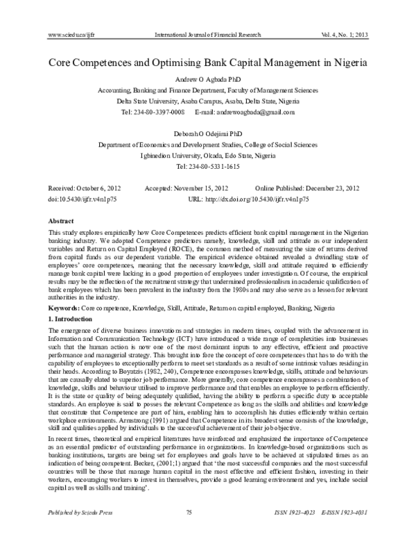 (PDF) Core Competences and Optimising Bank Capital Management in Nigeria