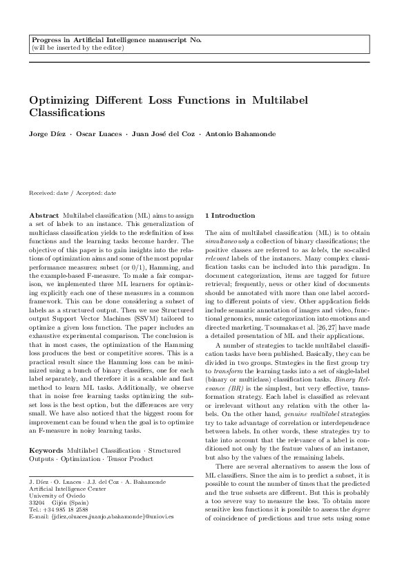 (PDF) Optimizing different loss functions in multilabel classifications | Jorge Vaca Diez ...