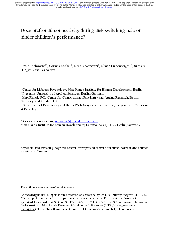 (PDF) Does prefrontal connectivity during task switching help or hinder children's performance?