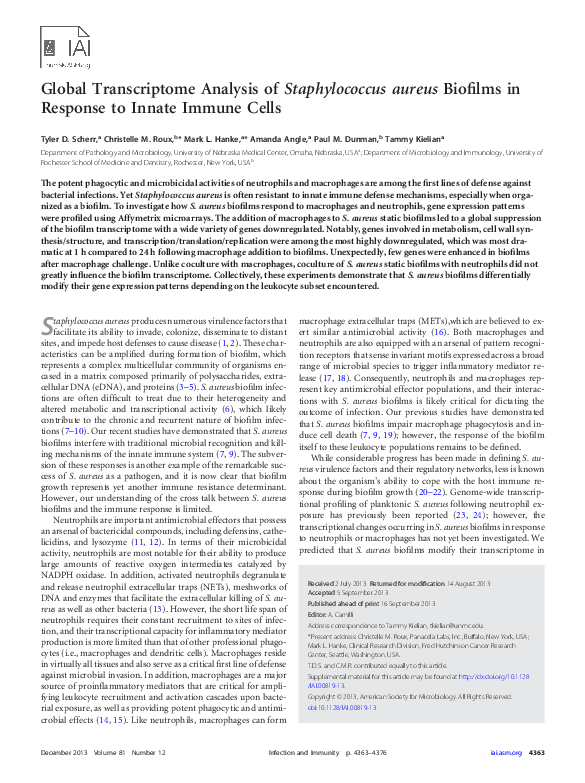 (PDF) Global Transcriptome Analysis of Staphylococcus aureus Biofilms ...