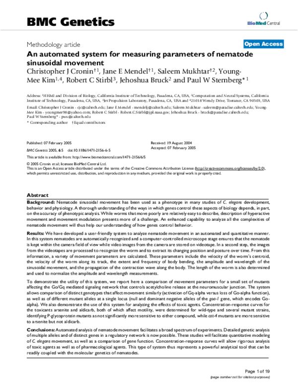 (PDF) An automated system for measuring parameters of nematode sinusoidal movement