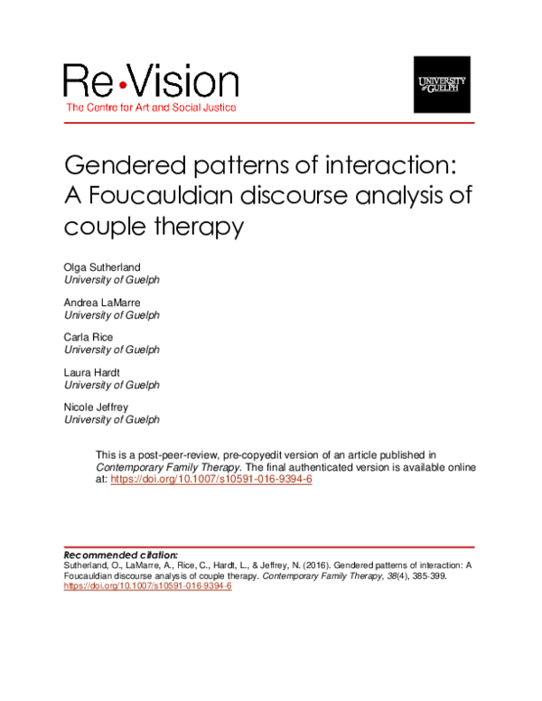 Pdf Gendered Patterns Of Interaction A Foucauldian Discourse Analysis Of Couple Therapy