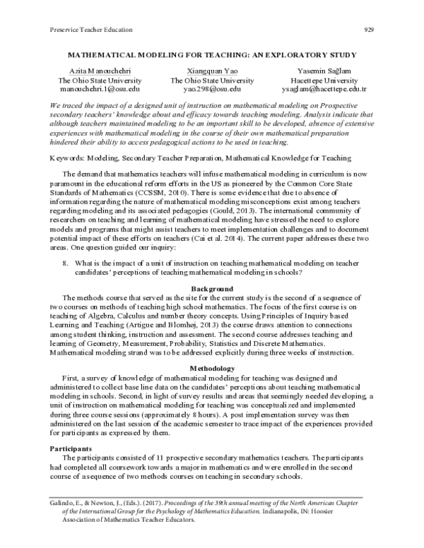 (PDF) Mathematical modeling for teaching: An exploratory study