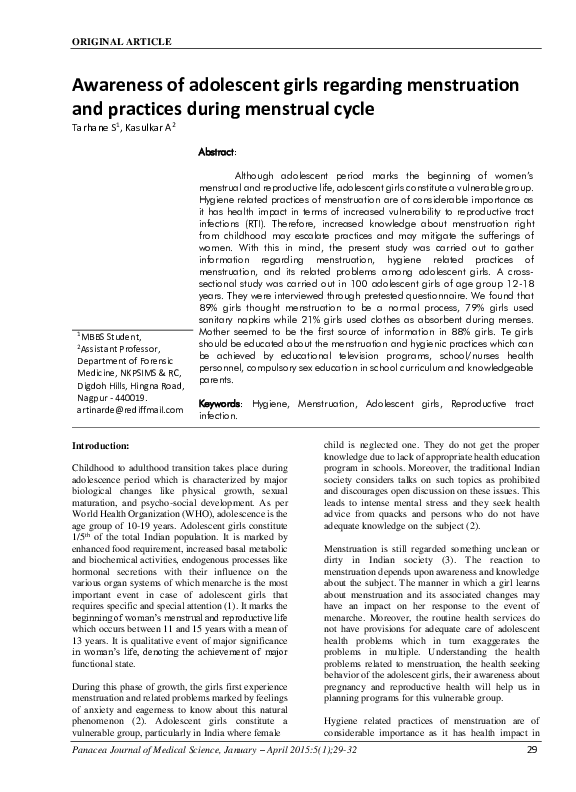 (PDF) Awareness of adolescent girls regarding menstruation and ...