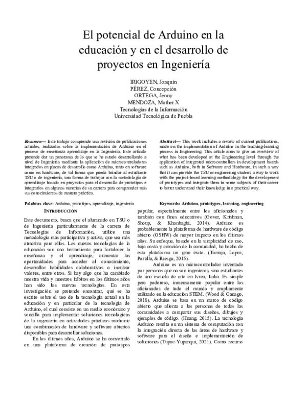 (DOC) El potencial de Arduino en la educación y en el desarrollo de proyectos en Ingeniería