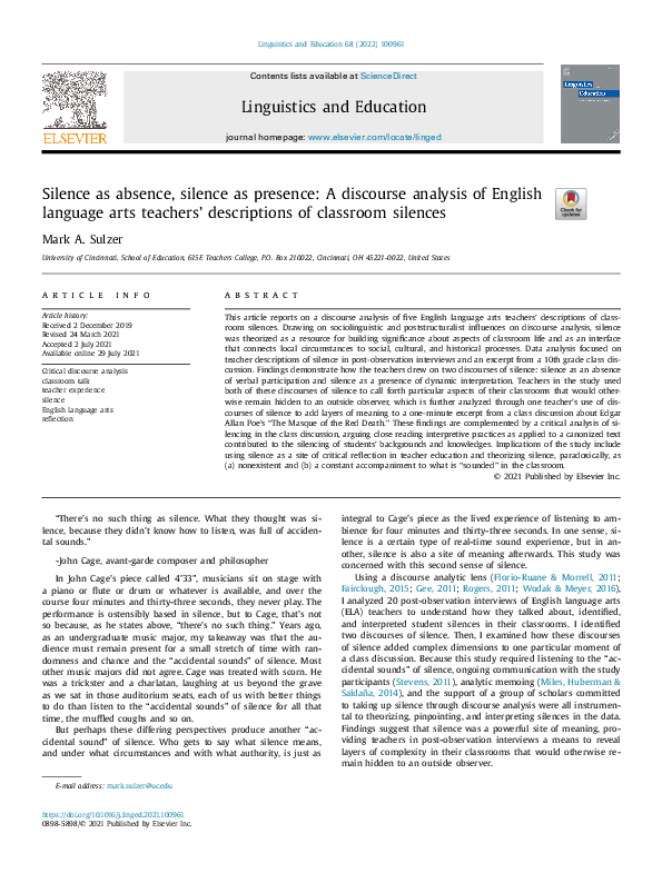 (PDF) Silence as Absence, Silence as Presence: A Discourse Analysis of ...