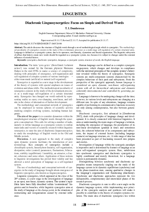 (PDF) Diachronic Linguosynergetics: Focus on Simple and Derived Words