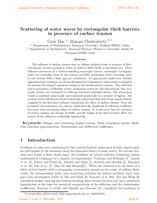 (PDF) Scattering of water waves by rectangular thick barriers in presence of surface tension