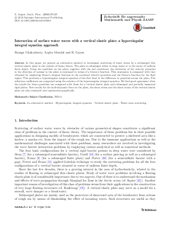 (PDF) Interaction of surface water waves with a vertical elastic plate: a hypersingular integral ...