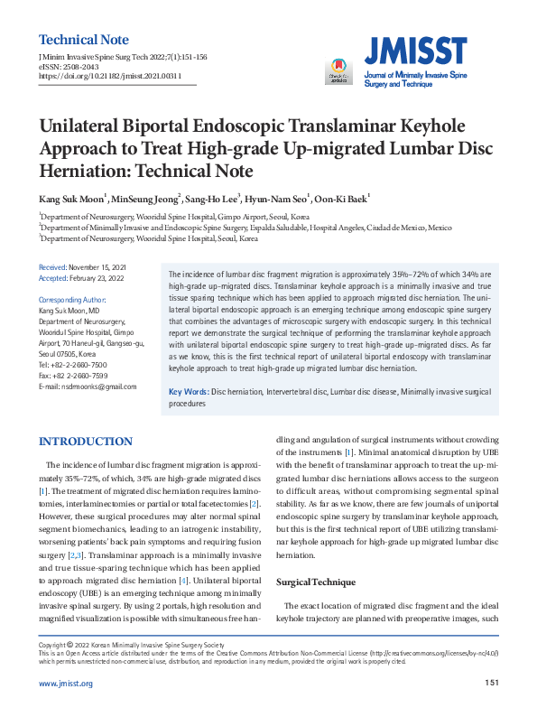 (PDF) Unilateral Biportal Endoscopic Translaminar Keyhole Approach to ...