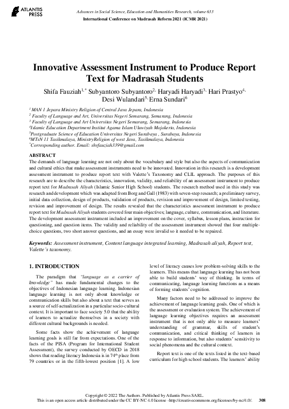 (PDF) Innovative Assessment Instrument to Produce Report Text for ...
