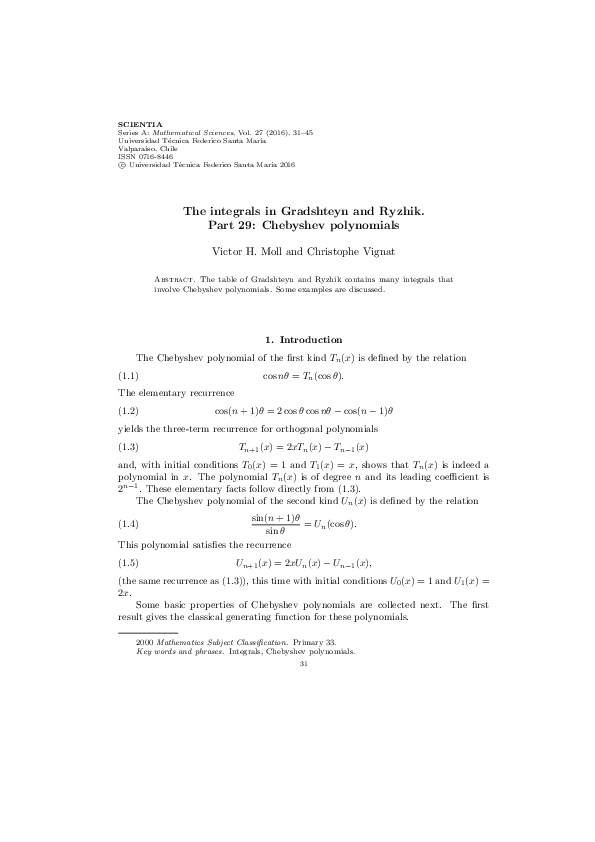 (PDF) The integrals in Gradshteyn and Ryzhik. Part 29: Chebyshev polynomials
