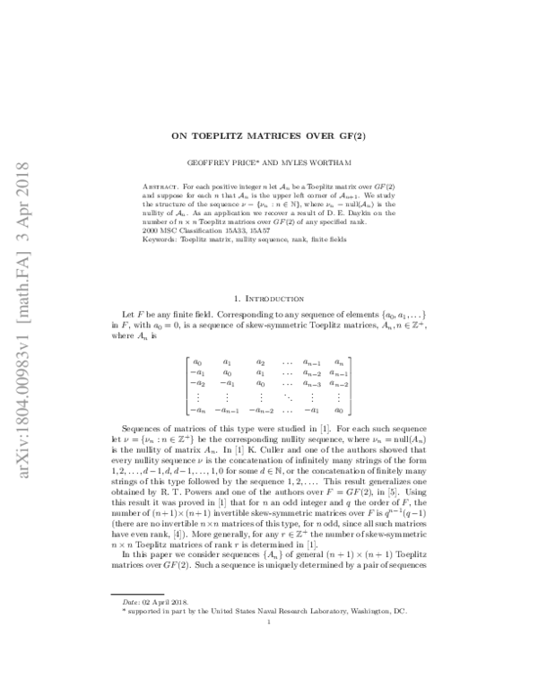 (PDF) On Toeplitz matrices over GF(2)